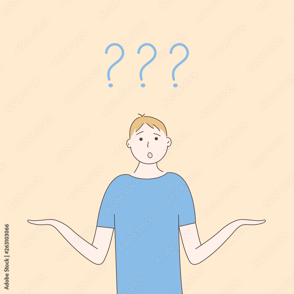 A man in blue t-shirt shrugs with naive curious funny face and arms ...