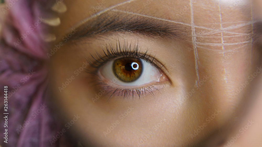 Microbleeding and eyebrow architecture. Eye and eyebrow of girl with ...