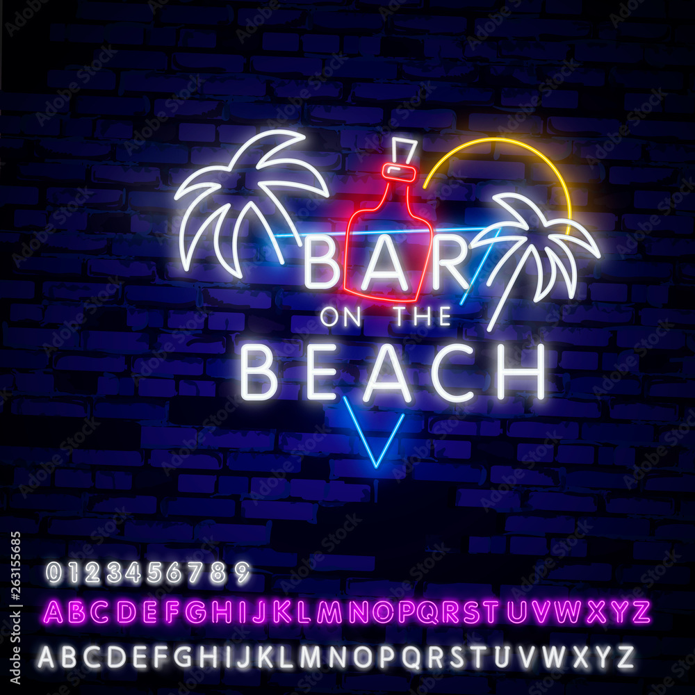 Beach bar neon sign, bright signboard, light banner. Beach pub logo ...