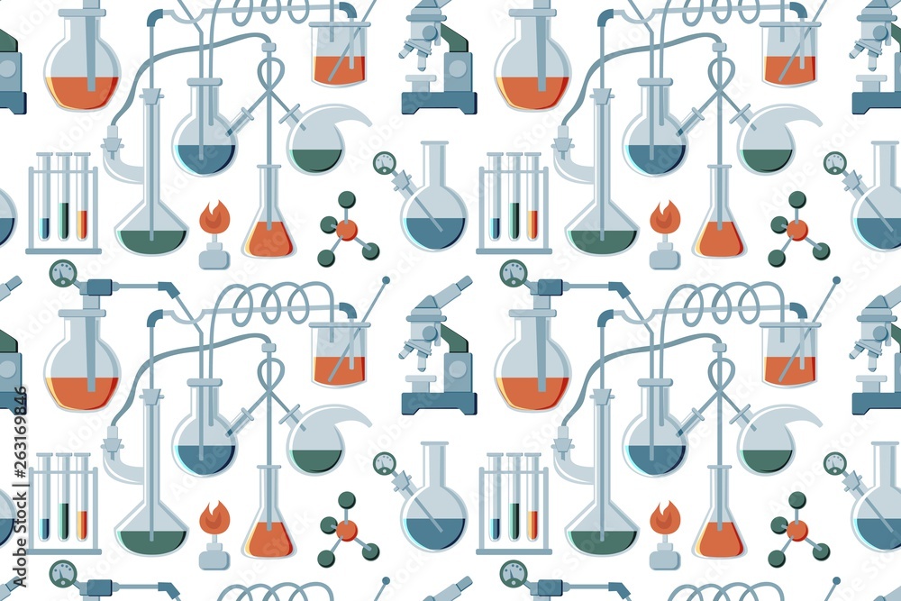 Cartoon hand drawn Science seamless pattern. Colorful flat background ...