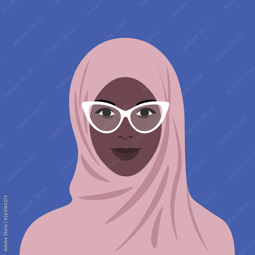 Portrait of African in hijab and glasses. Muslim girl avatar. Vector ...