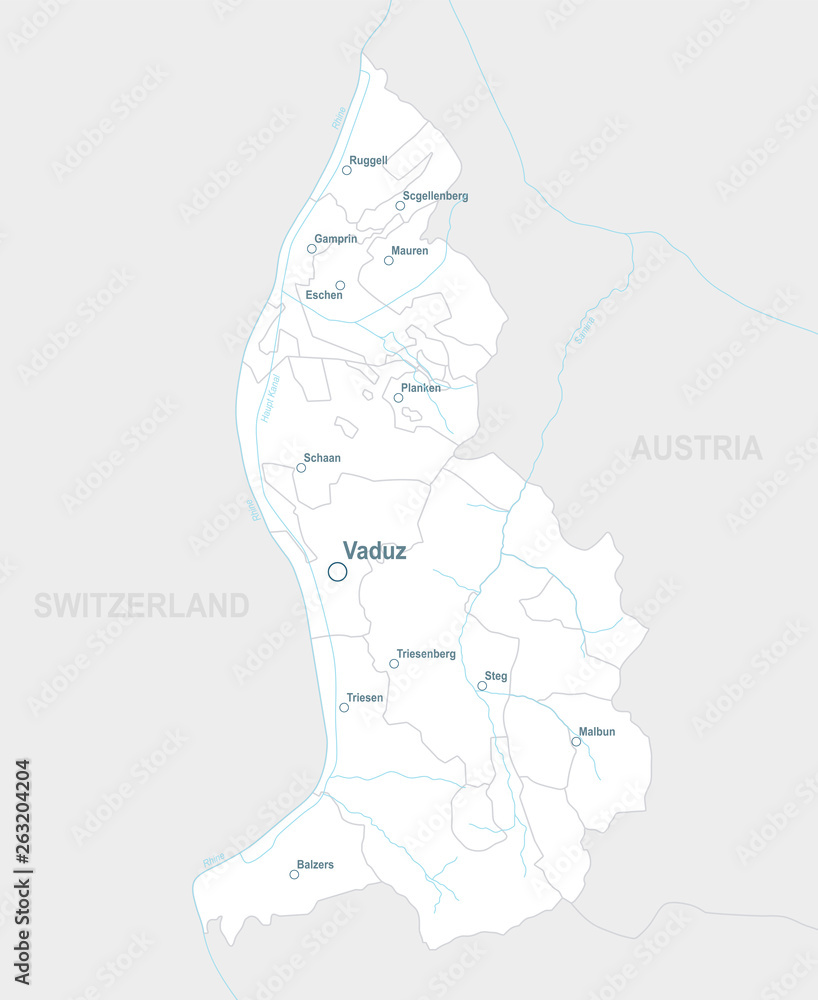 Liechtenstein vector map with borders, rivers and sities Stock Vector ...