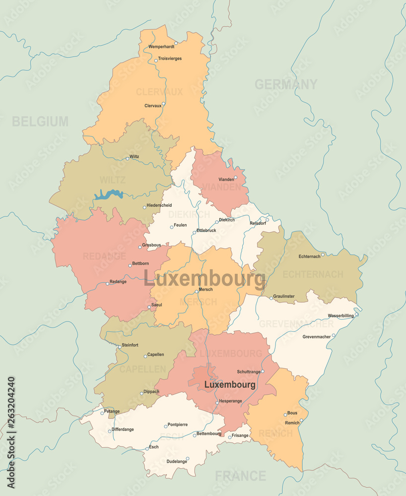 Luxembourg colored map - highly detailed vector map with states, rivers ...
