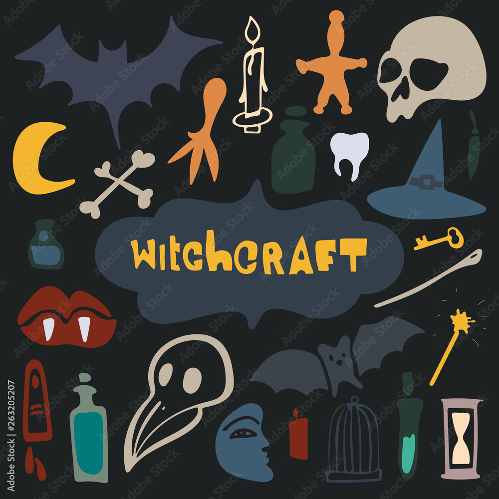 Witch and witchcraft doodles symbols set. Hand drawn vector ...