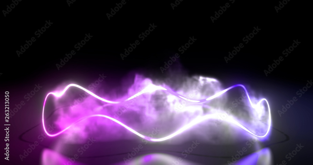 3d rendering. Neon curves in the form of geometric shapes on a black ...