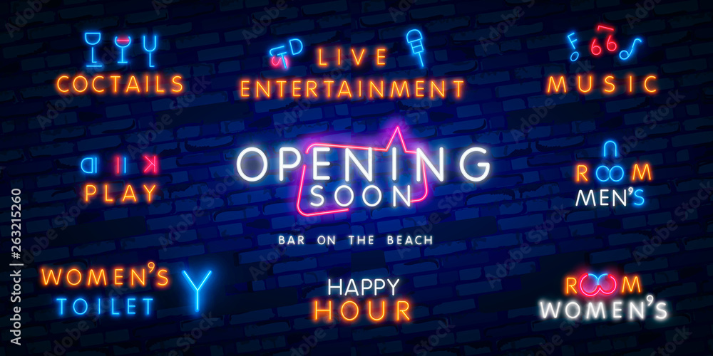 Big set neon Coming soon neon sign. Luminous signboard with signboard ...