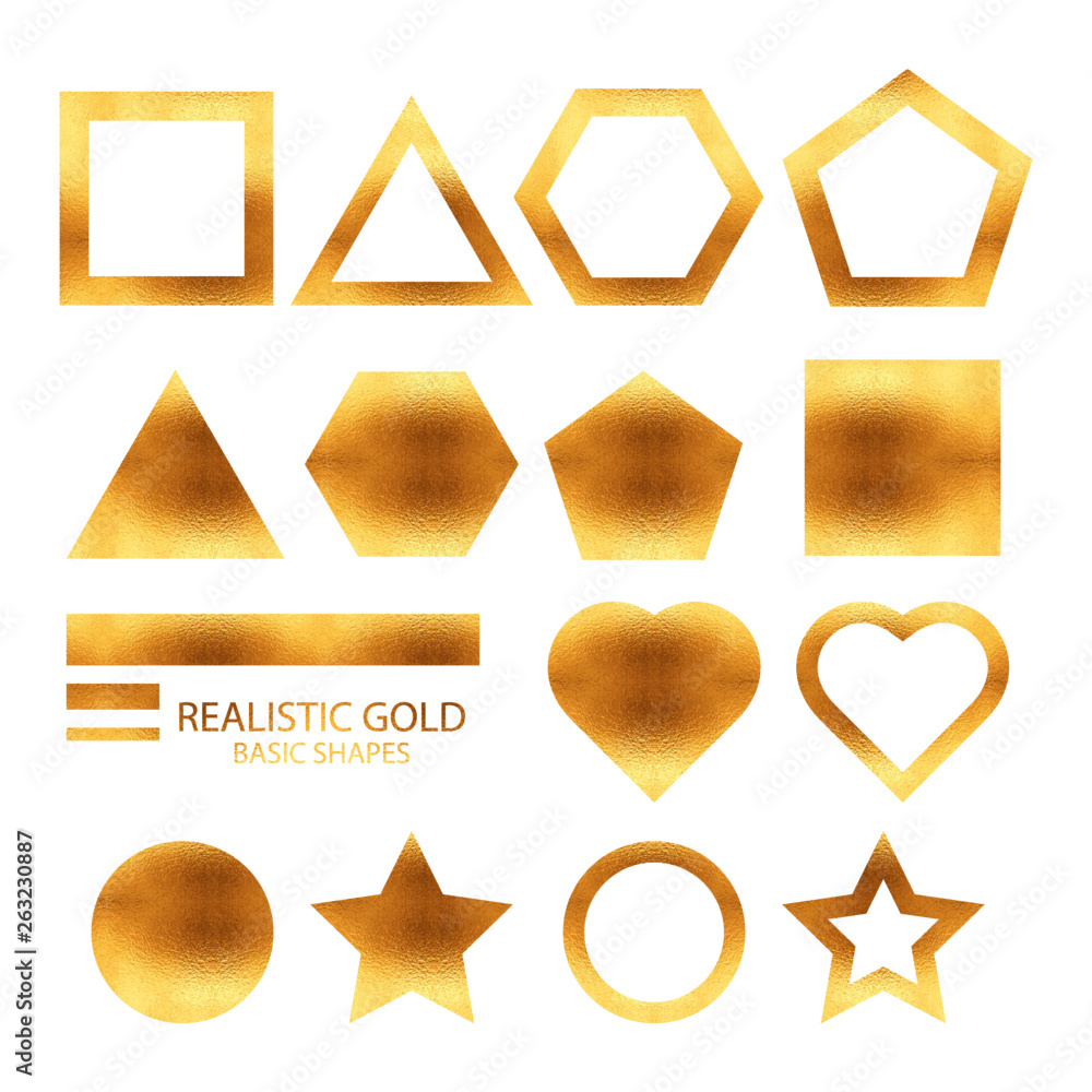 gold basic shape square heart circle rectangle star set vector ...