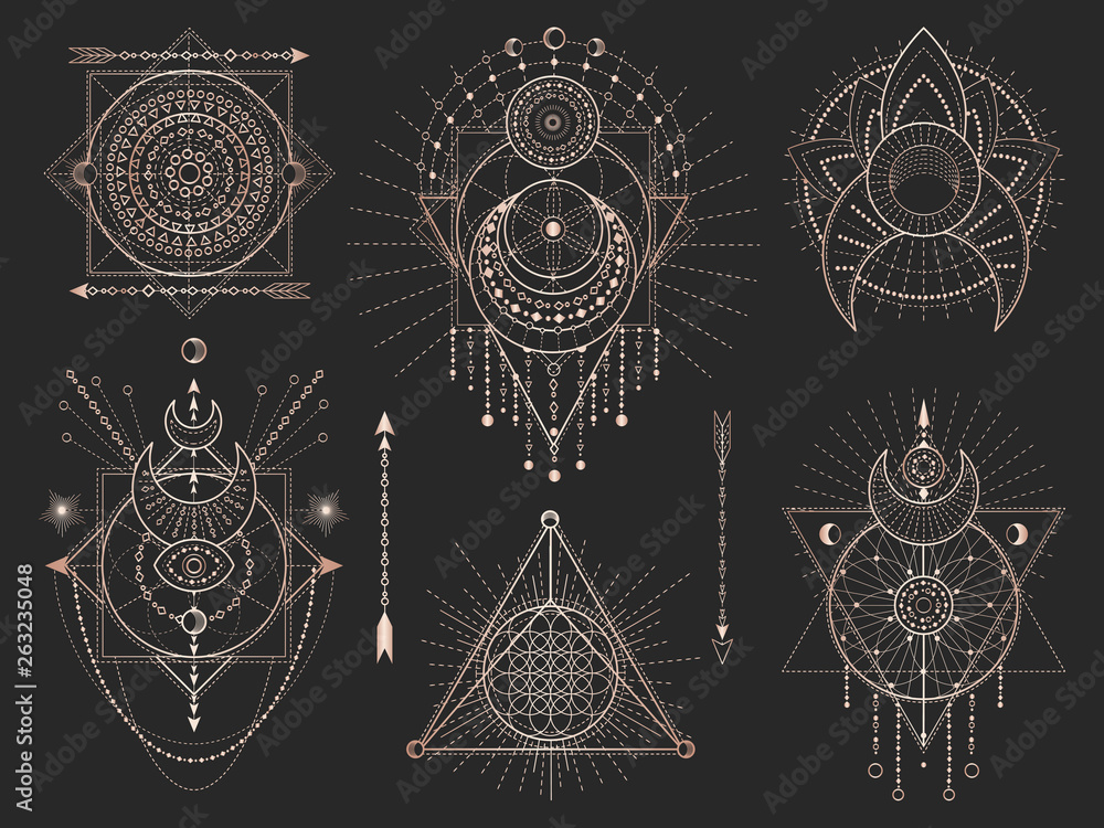 Vector set of Sacred geometric symbols and figures on black background ...