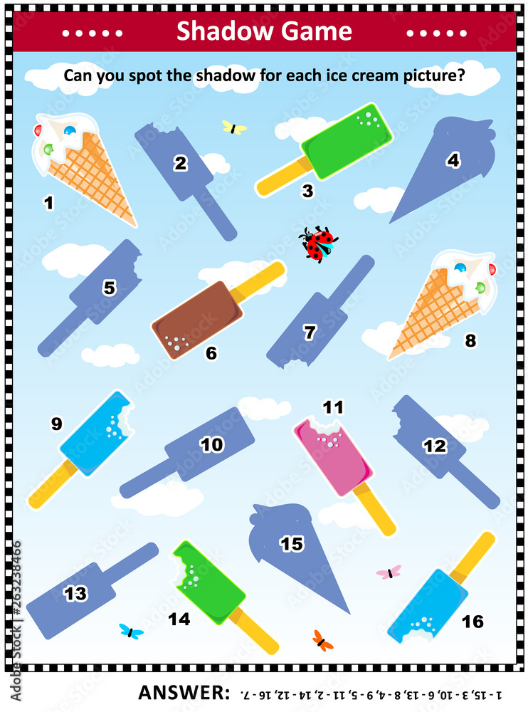 Visual puzzle or shadow game: Can you spot the shadow for each ice ...