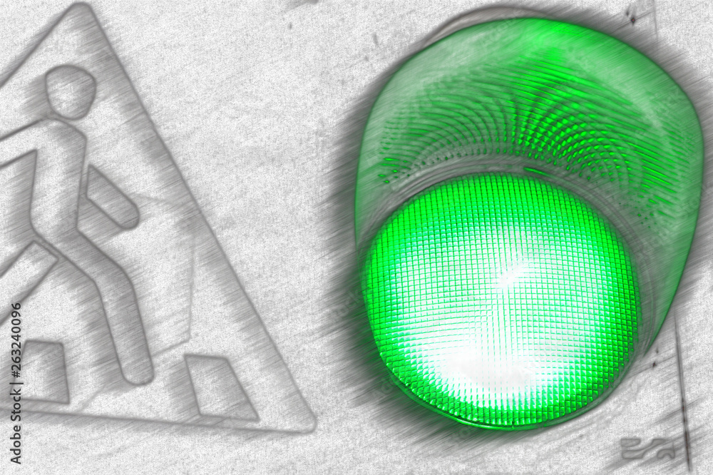 Green light of traffic light on the crossing. Road crossing permit ...