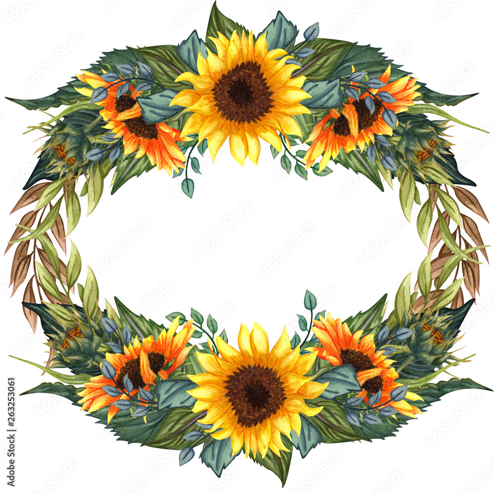 Watercolor floral wreath with sunflowers,leaves, foliage, branches ...