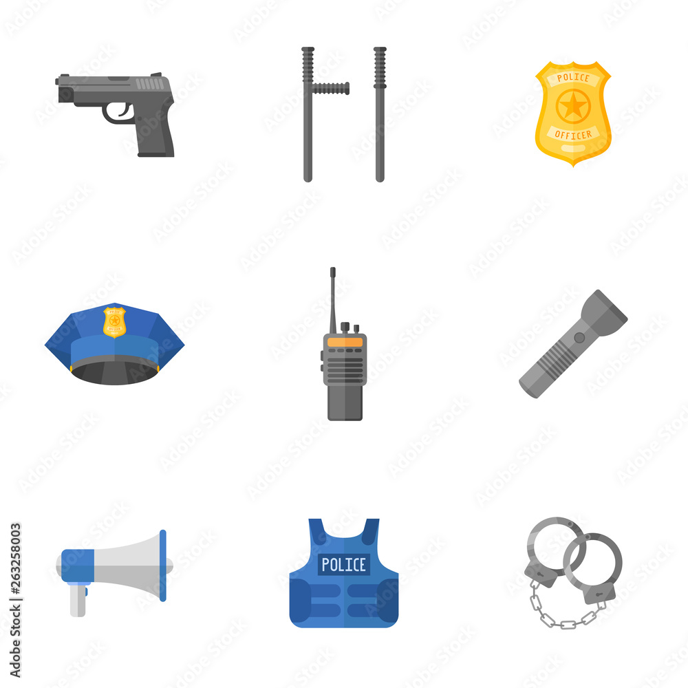 Set of police equipment, weapons isolated on white background. Flat ...