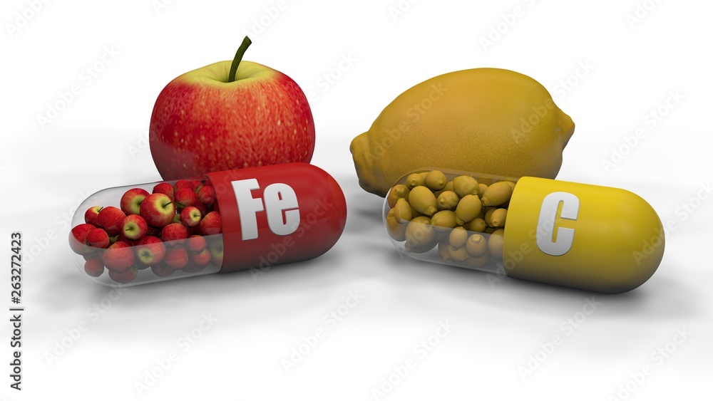 3D illustration of two capsules, tablets with iron trace element "Fe ...