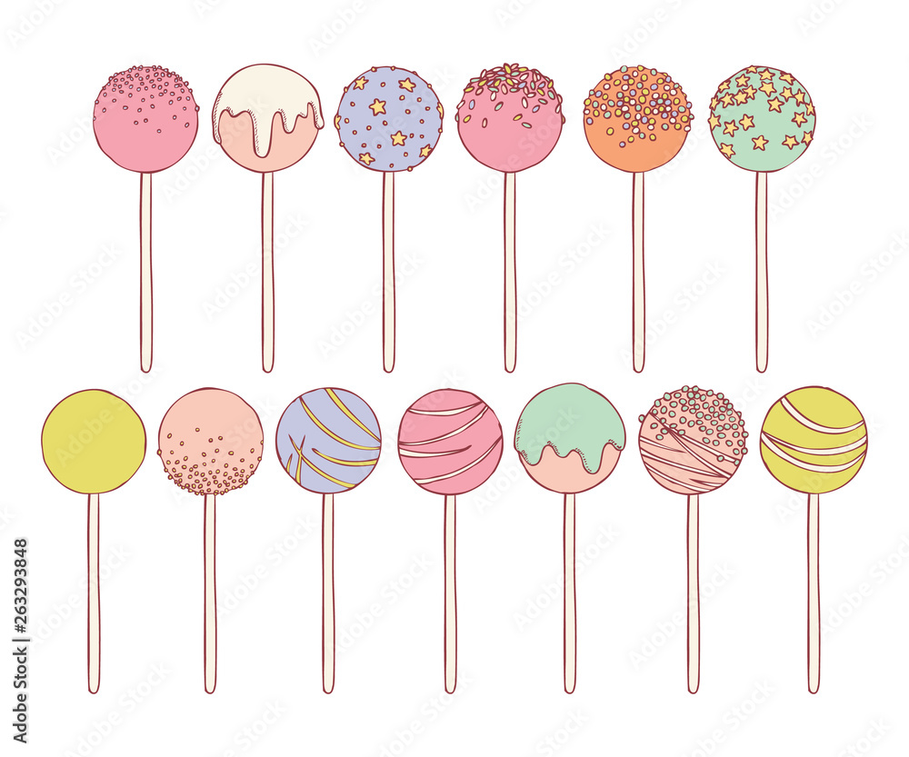 Sweet colorful cake pops on stick with sprinkles isolated on white ...