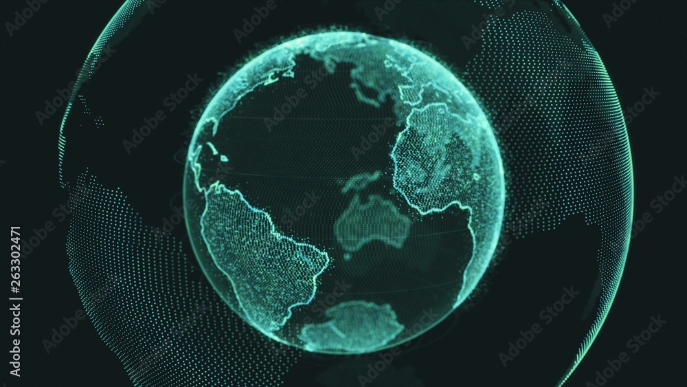 Earth rotating loop of rotating glowing dots stylised world globe with ...