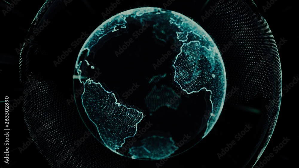 Earth rotating loop of rotating glowing dots stylised world globe with ...