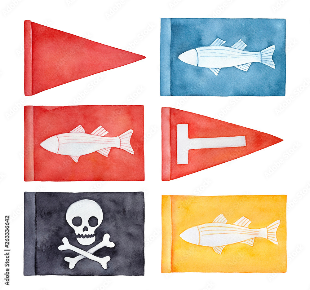 Colorful fishing flags collection. Bright red, black, blue, yellow ...