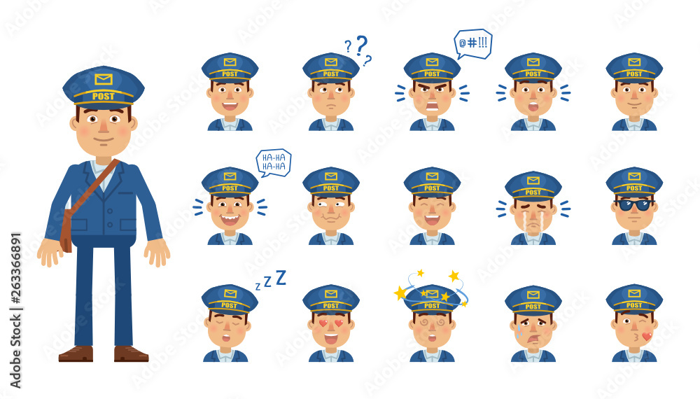 Big set of postman emoticons. Mailman avatars showing different facial ...