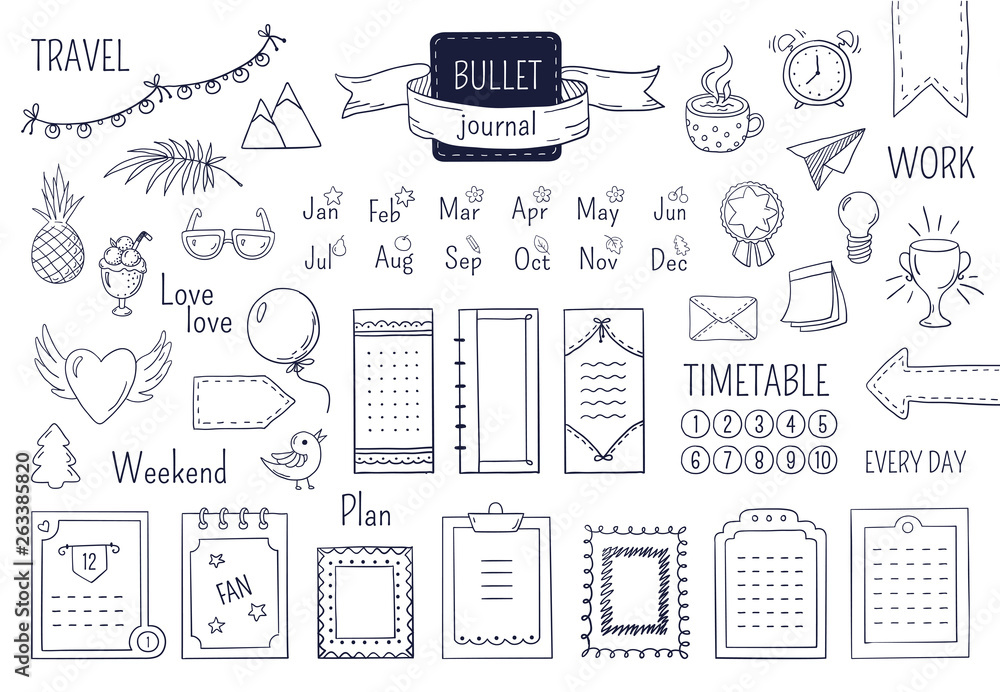 Journal hand drawn elements. Notebook doodle bullets, schedule calendar ...