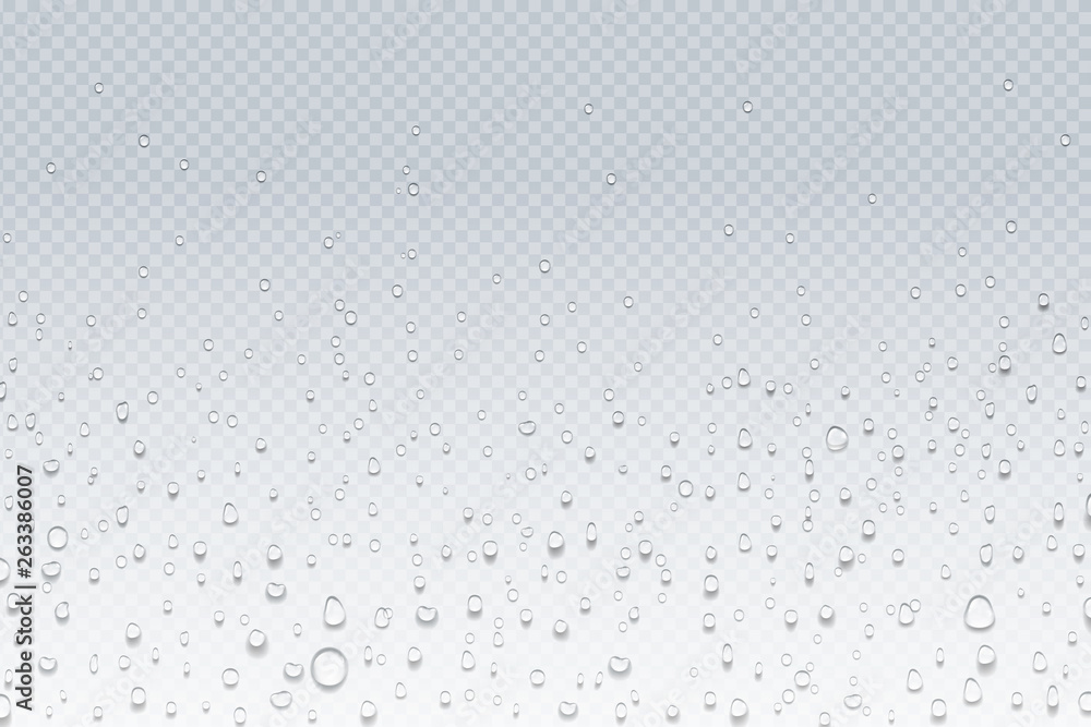 Water drops on glass. Rain droplets on transparent window, steam ...