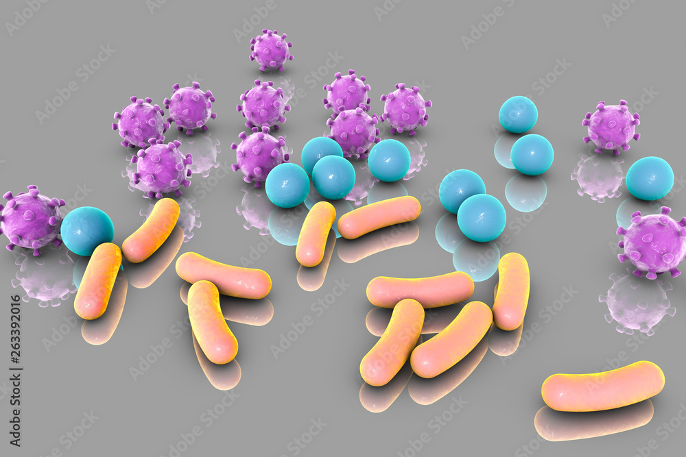 Bacteria and viruses on surface, model of MERS, HIV, Influenza virus ...