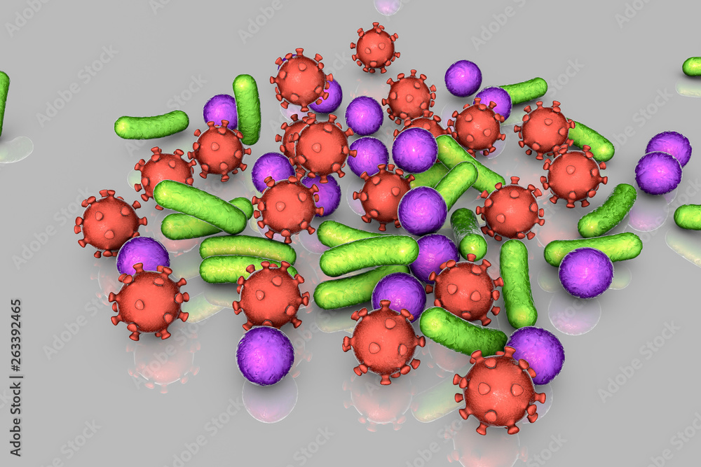 Bacteria and viruses on surface, model of MERS, HIV, Influenza virus ...