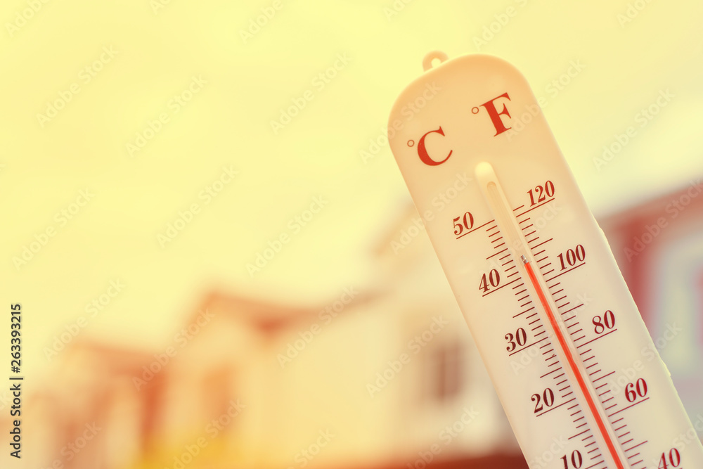 Thermometer shows the temperature is heat in the sky Stock Photo ...