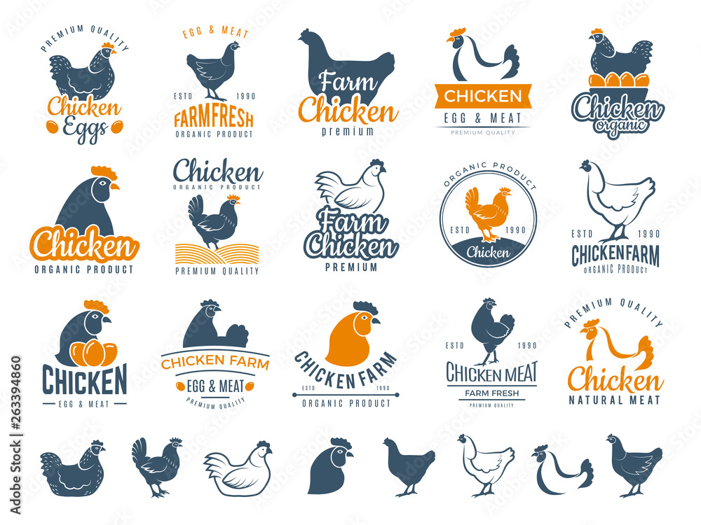Chicken badges. Fresh farm food logotype cooking egg and bird broilers ...