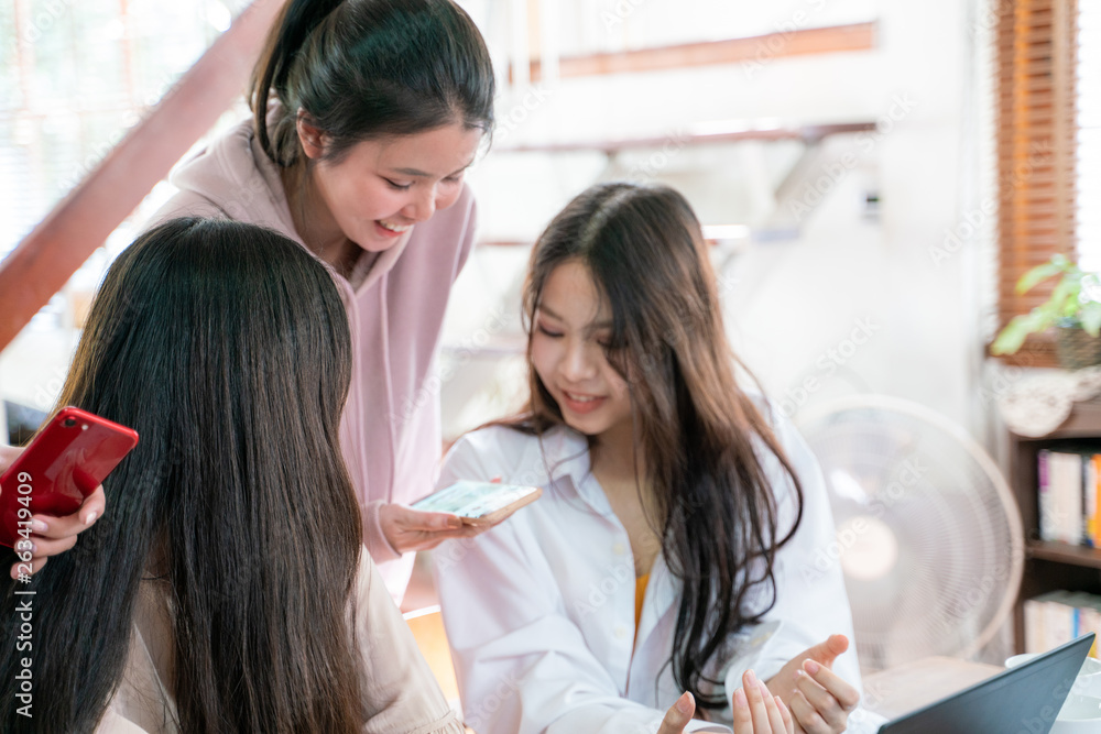 Business asian women group discussion start up business model in cozy ...