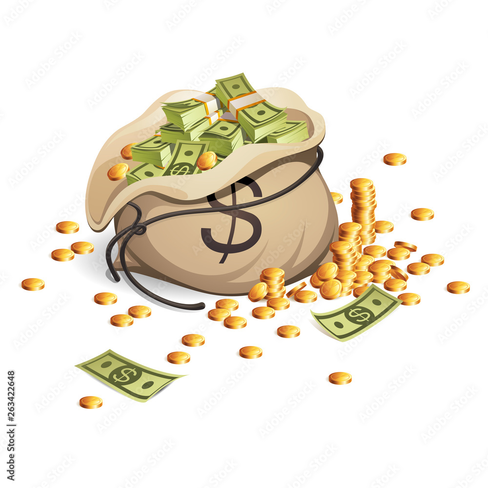 Bag of money and stack of gold coins. Packing in bundles of bank notes ...