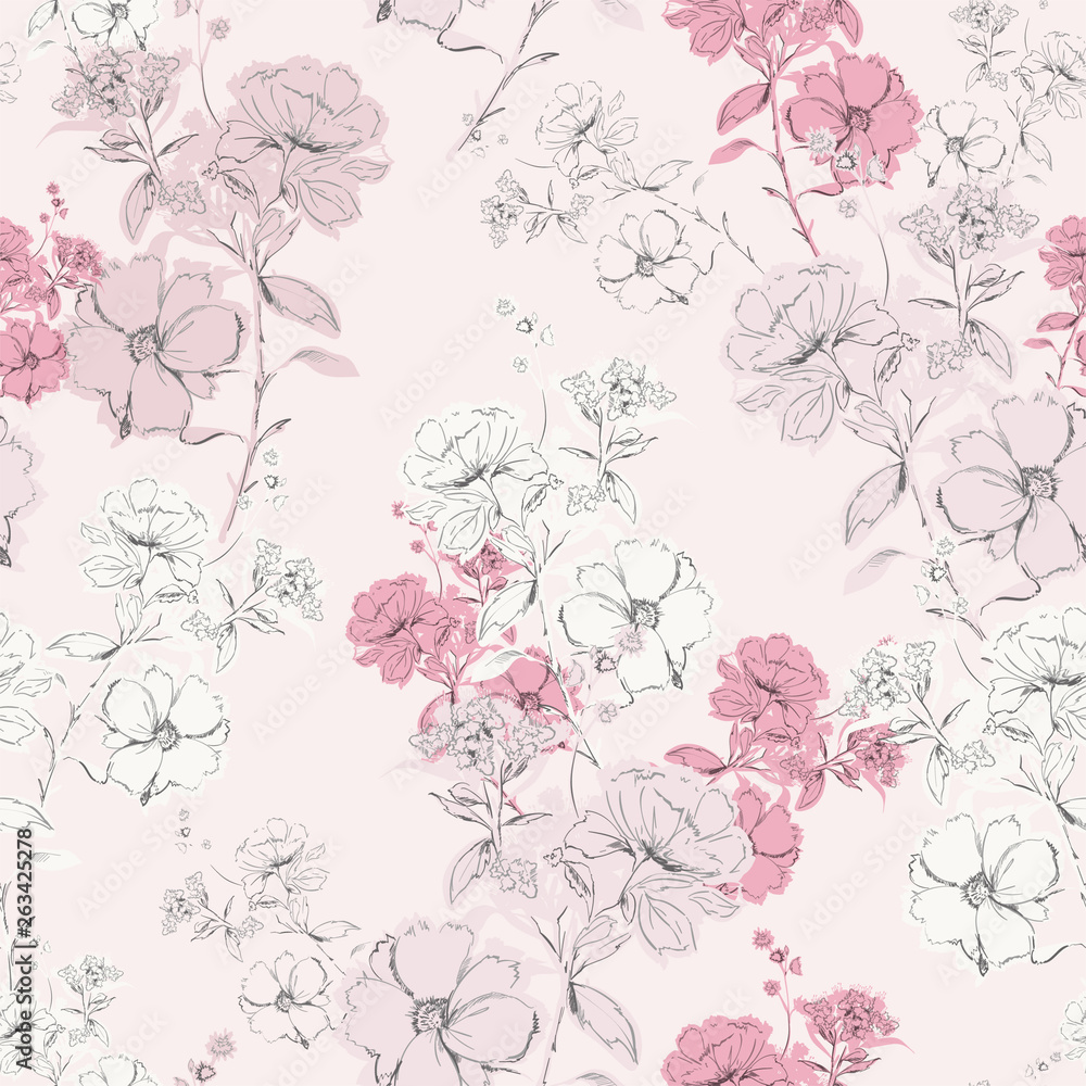 Soft pink delicate blooming hand drawn pencil line skecth seamless ...