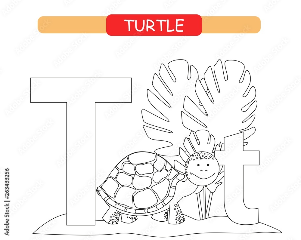 Letter T and funny cartoon turtle. Coloring page. Animals alphabet a-z ...