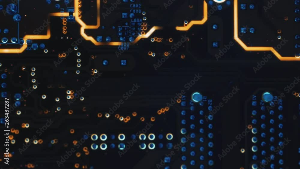 Pcb layout. Printed circuit board closeup. Glowing conductive track ...