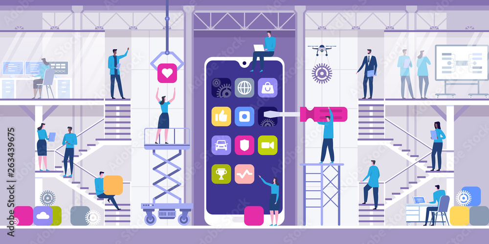 Mobile app development concept with characters. Flat vector ...