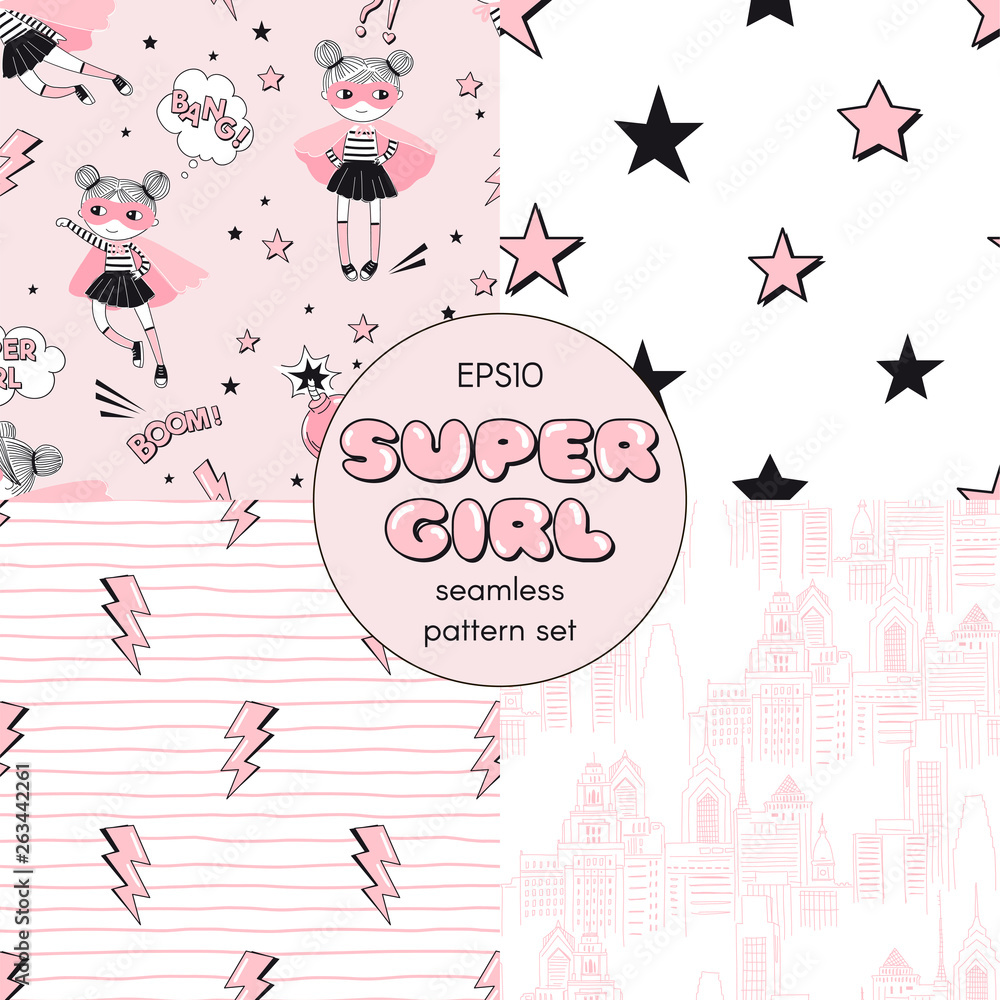 Supergirl themed seamless vector pattern set. Conversational print with ...