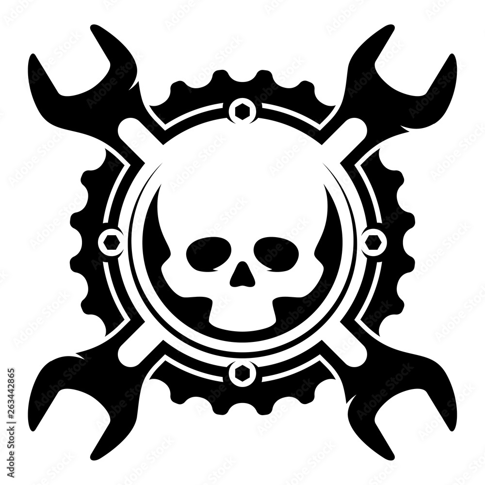 Vector skull with cross wrench open and gear. Isolated on white ...