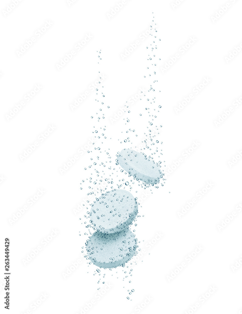 Three medical pills dissolves in water on a white background Stock ...