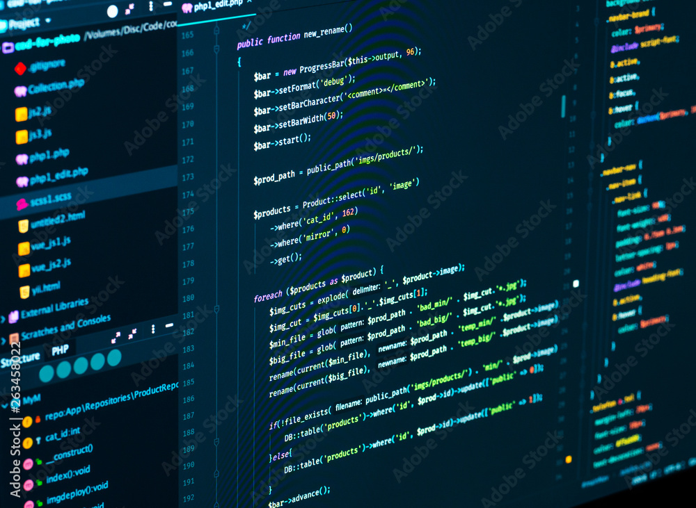 Software Source Code Programming Code Splitting Of Css And Php Code On Computer Screen