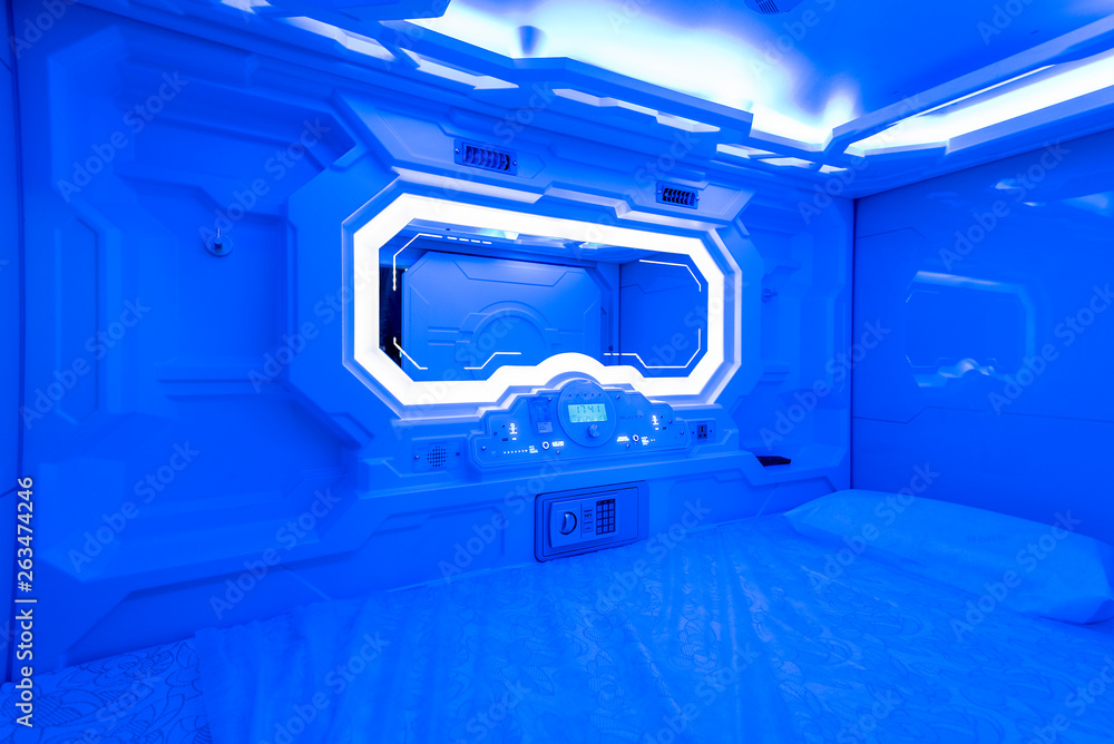 Interior of a modern Capsule hotel in Japan, Capsule bedroom Stock ...