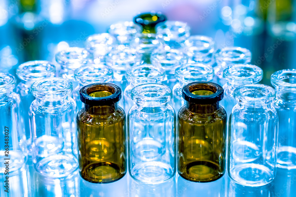 Laboratory glassware. Reagent bottles. Medical glass flasks. Analysis ...