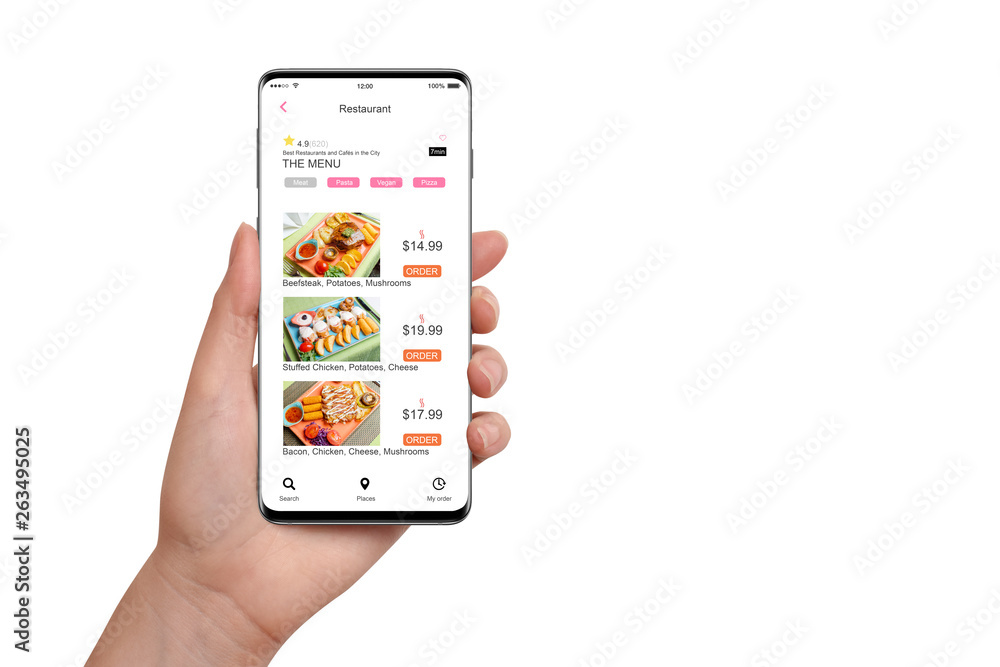 Female hand holding smartphone with food delivery app, isolated on ...