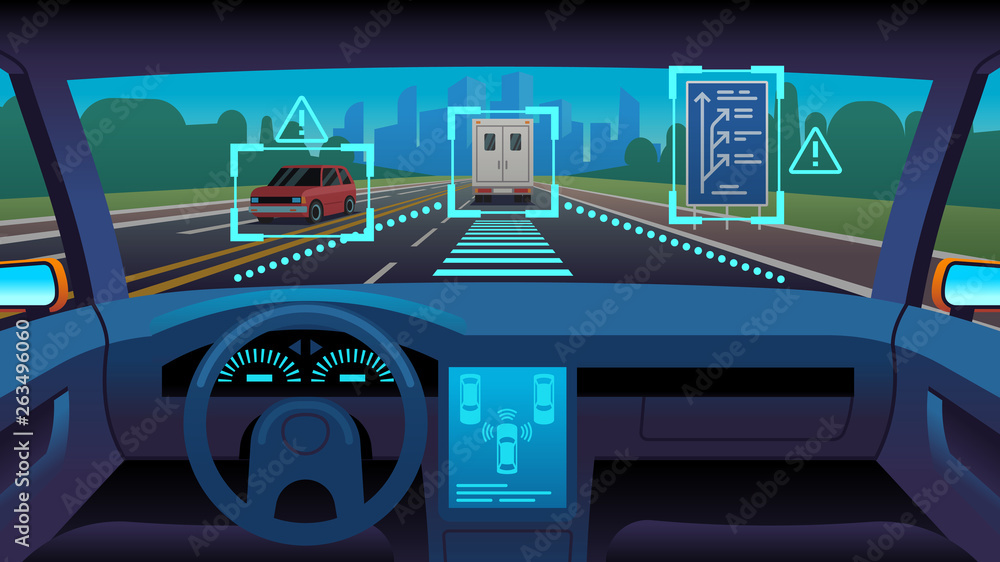 Future autonomous vehicle. Driverless car interior futuristic ...