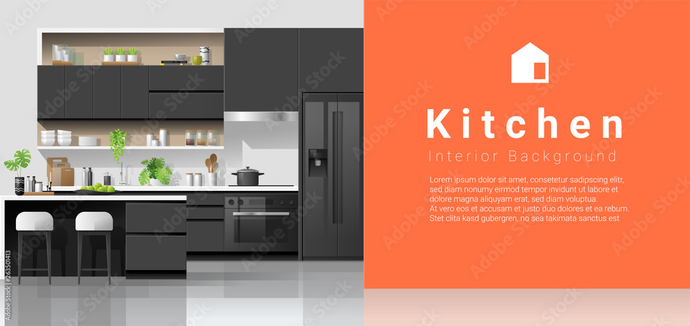 Modern black and white kitchen with colorful wall background , vector ...