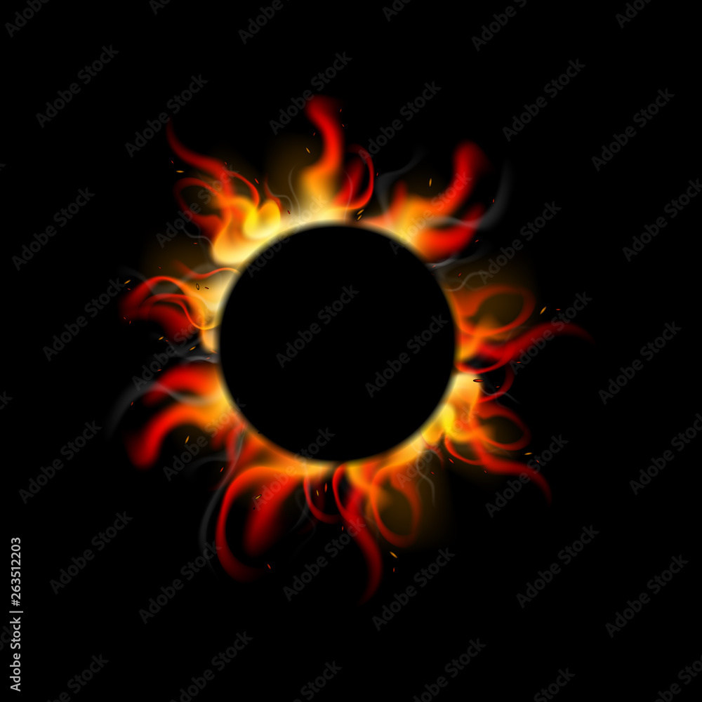 Realistic fire background in circle. Flame burn design for banners ...