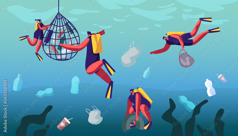 Scuba Divers Swimming in Ocean and Collecting Floating Sea Garbage in ...