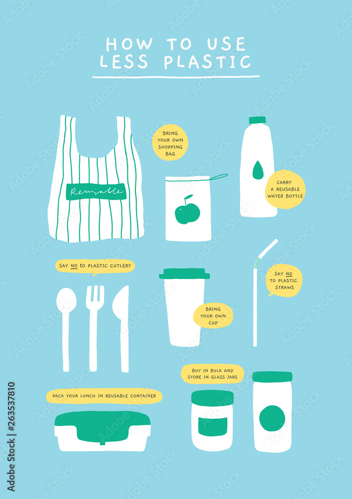 Illustrated poster about how to use less plastic in the everyday life ...