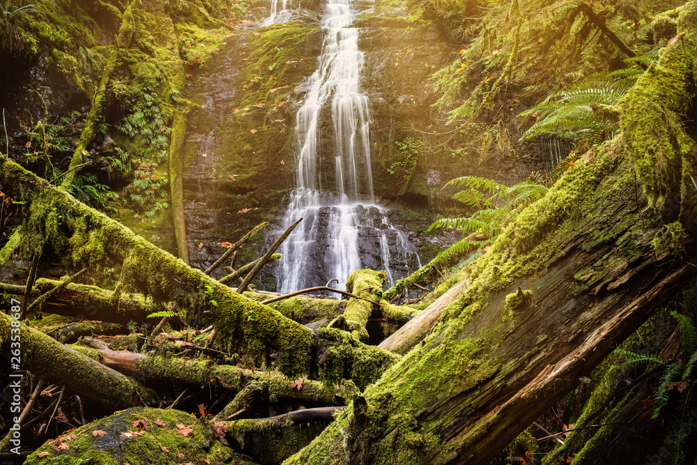 Wild waterfall with vivid bight yellow light illuminating the dark ...