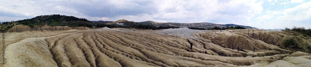 Panoramic view of an arid landscape created by the Mud Volcanoes in ...
