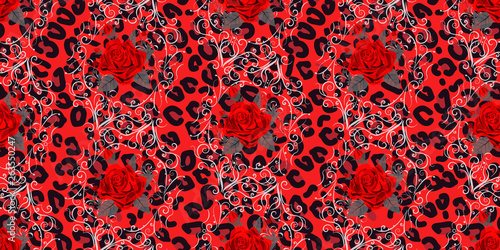 Seamless pattern with leopard print and red roses. Vector background ...