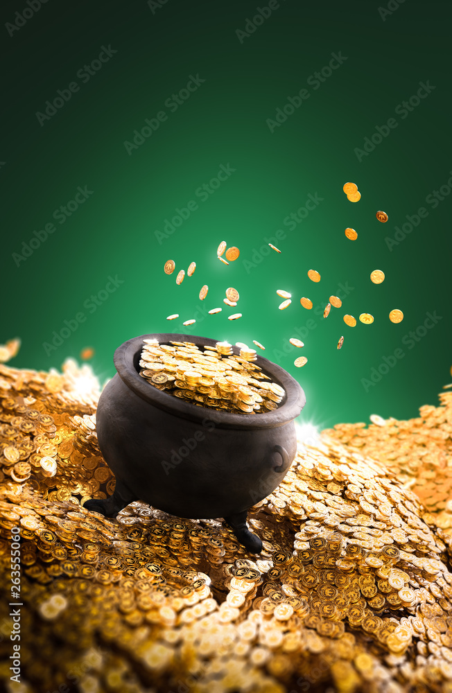 3D illustration of a cauldron on a pile of golden coins Stock Photo ...